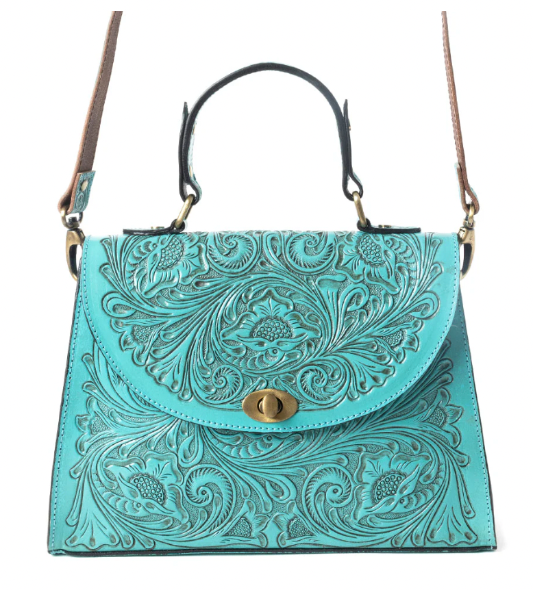 Savannah Scroll Handtooled Leather Bag in Turquoise – s e r e n d i p i t y